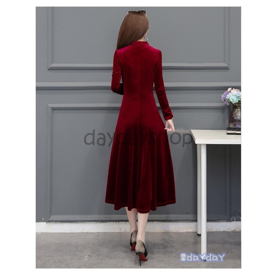 ワンピース 秋 レディース ロング丈 長袖 Vネック aライン ベロアワンピース 無地 着痩せ きれいめ お洒落 通勤 OL 入学式 卒業式 ...