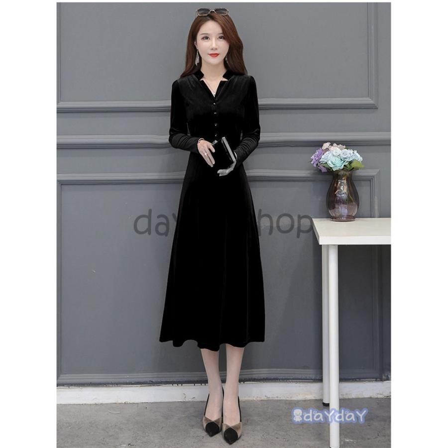 ワンピース 秋 レディース ロング丈 長袖 Vネック aライン ベロアワンピース 無地 着痩せ きれいめ お洒落 通勤 OL 入学式 卒業式 ...