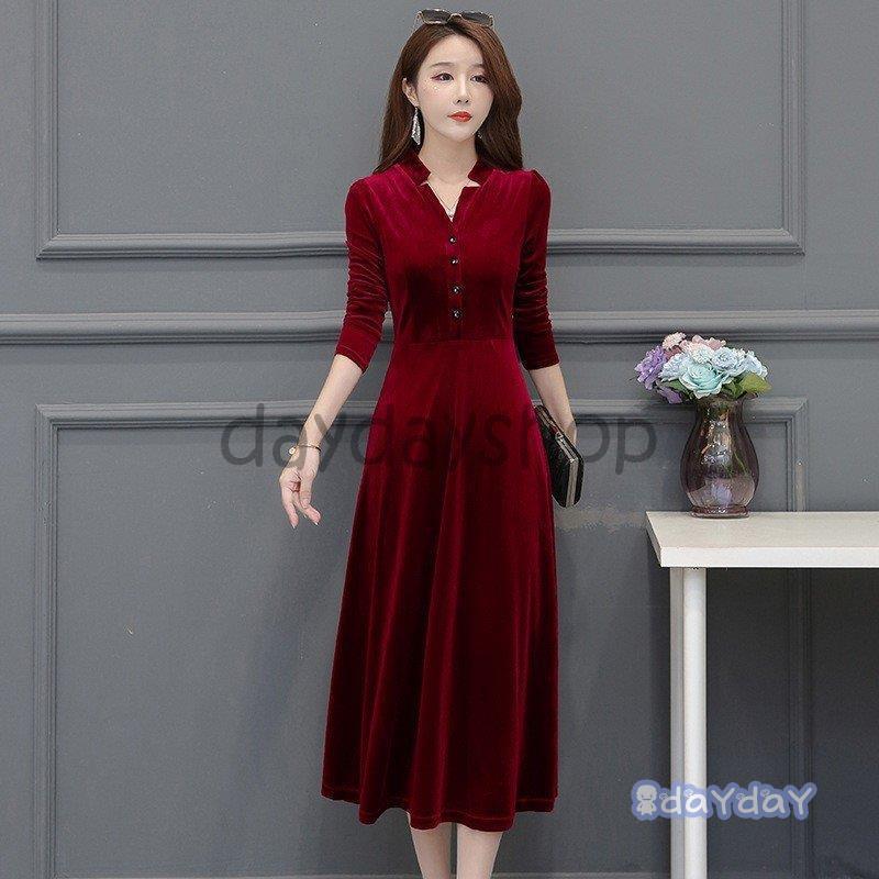 ワンピース 秋 レディース ロング丈 長袖 Vネック aライン ベロアワンピース 無地 着痩せ きれいめ お洒落 通勤 OL 入学式 卒業式 ...