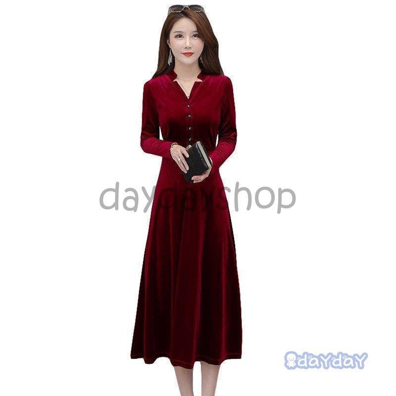 ワンピース 秋 レディース ロング丈 長袖 Vネック aライン ベロアワンピース 無地 着痩せ きれいめ お洒落 通勤 OL 入学式 卒業式 ...