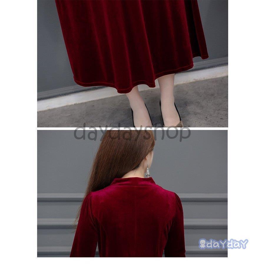 ワンピース 秋 レディース ロング丈 長袖 Vネック aライン ベロアワンピース 無地 着痩せ きれいめ お洒落 通勤 OL 入学式 卒業式 ...