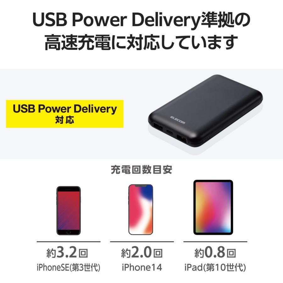 ELECOM エレコム モバイルバッテリー 大容量 10000mAh USB PD対応 20W Type-C×1 USB-A×2 ケーブル付属 ブラック DE-C44-10000BK ...