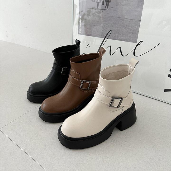 ショートブーツ 牛革 エンジニアブーツ ベルト レディース ハイヒール