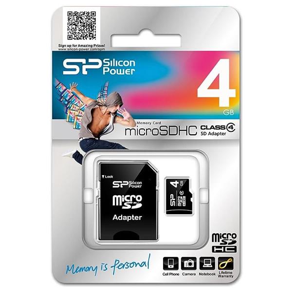 Silicon Power シリコンパワー micro SDカード マイクロ メモリーカード 4GB SP004GBSTH004V10-SP アダプター付 CLASS4 著作権保護 ECC ...