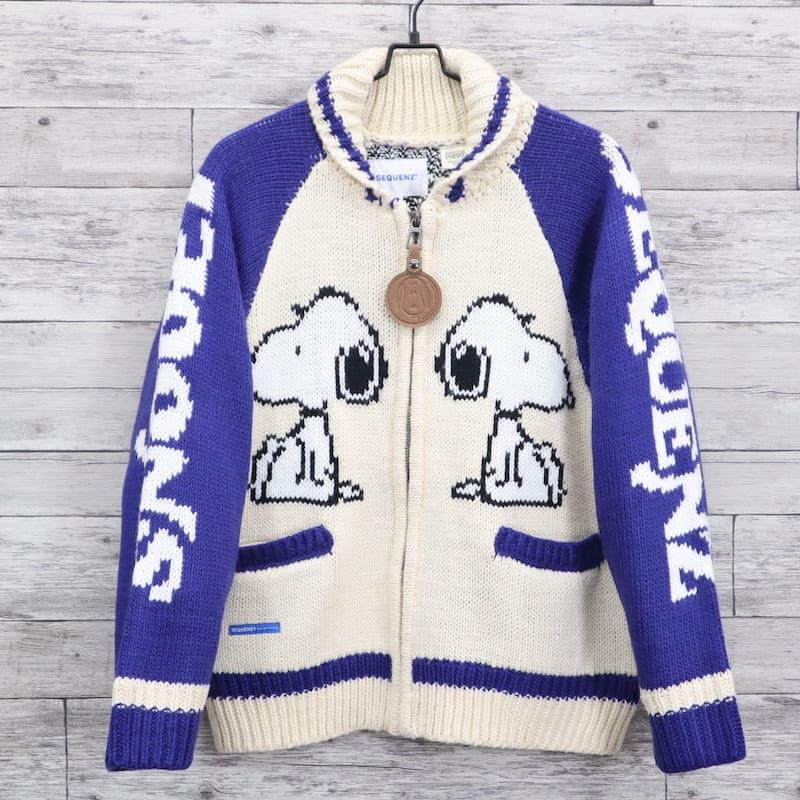 SEQUENZE 送料無料 カウチン ニット セーター アウター スヌーピー PEANUTS SEQUENZ シークエンズ ジャガード キャラクター メンズ レディース ユニセックス ネイビー ...