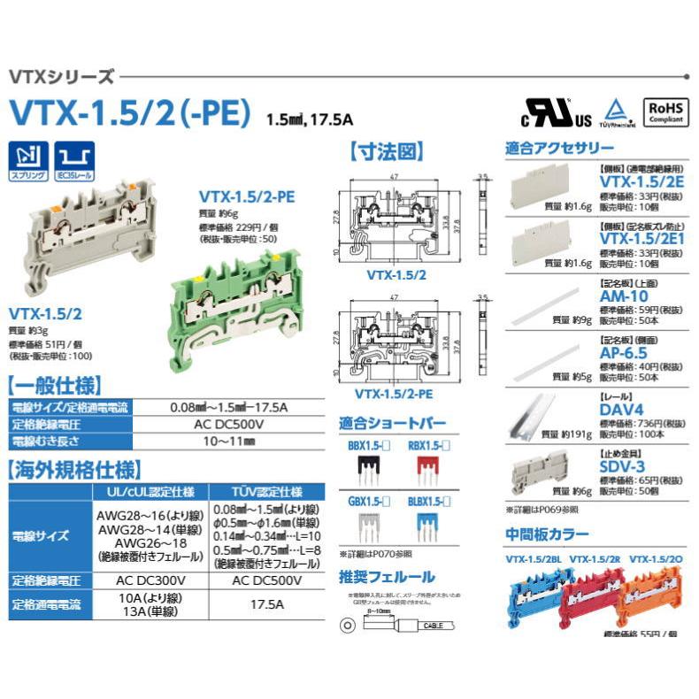 東洋技研 【 VTX-1.5/2 】VTXシリーズ 端子台 / レール取付型 スプリングロック式端子台【100個入り】 : 電せつNねっと - 通販 - Yahoo!ショッピング