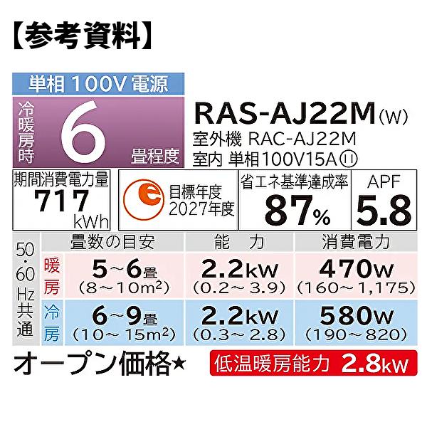 ＜限定入荷！＞日立 白くまくん 6畳用 ルームエアコン RAS-AJ22M-W 相当品 コンパクト設計 単相100V :4549873146591:電材満サイ - 通販 - Yahoo!ショッピング