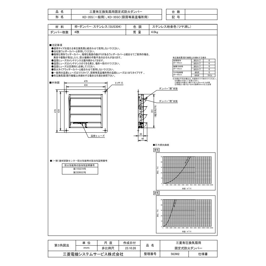 三菱電機 【当日発送OK】三菱電機 KD-35S 有圧換気扇用 固定式防火ダンパー ステンレス製 一般用(温度ヒューズ72℃) 35cm用 ...