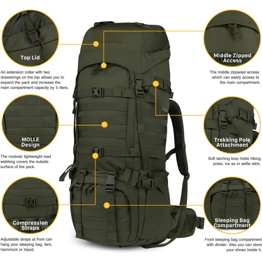 Mardingtop 65L Molle Hiking Internal Frame Backpacks with Rain Cover ...