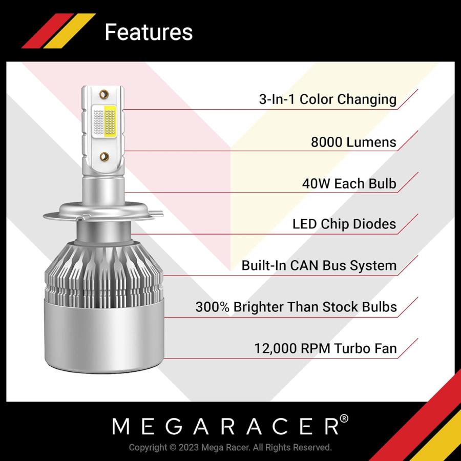 【並行輸入品】Mega Racer H7 LEDヘッドライト電球 3色変化 (6000K ダイヤモンドホワイト 8000K アイスブルー ...