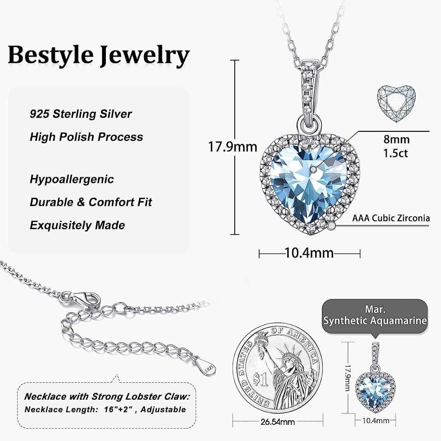 Bestyle 輝く925スターリングシルバー 誕生石ネックレス レディース 人工ハート/ラウンド/ティアドロップ/スクエアクリスタル ソリティアペンダント ダイヤモ ...