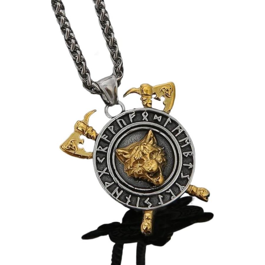 【並行輸入品】Norse Necklace for Men Viking Wolf Head Rune Round Metal Pendant ...