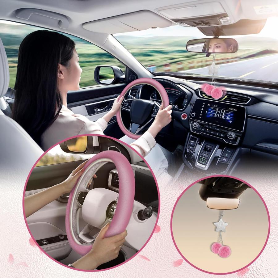 JINGSEN 16 PCS Steering Wheel Cover Pink Car Accessories for Women ...