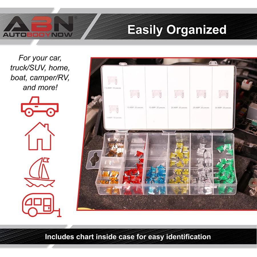 ABN 120ピース 薄型小型ヒューズセット 5、7.5、10、15、20、25、30 AMP 薄型ミニヒューズ 車、トラック用 並行輸入品 ...