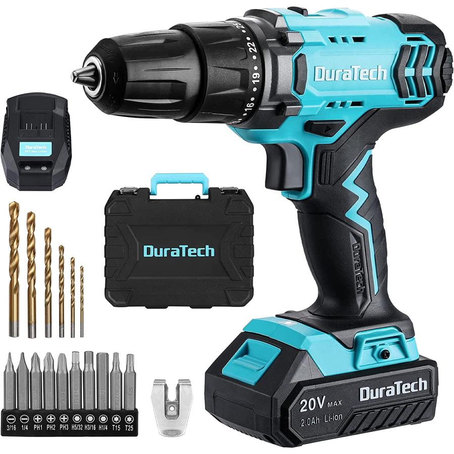 DURATECH 20V Cordless Drill Electric Power Driver Set with 1/2” Keyless ...