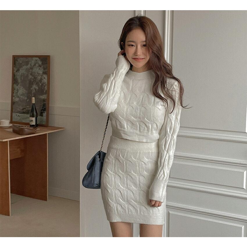 韓国 セットアップ 上下セット ニット 長袖 モックネック ラウンドネック ショート丈 クロップド丈 ニットスカート ミニスカート タイト スリム 無地 :1285048:DHOLIC ...
