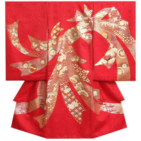 お宮参り 着物 女の子 正絹女児初着 赤色 金彩友禅 箔使い 束ね熨斗 本サヤ地紋生地 日本製 :ku-100-04580:お宮参り着物と ...