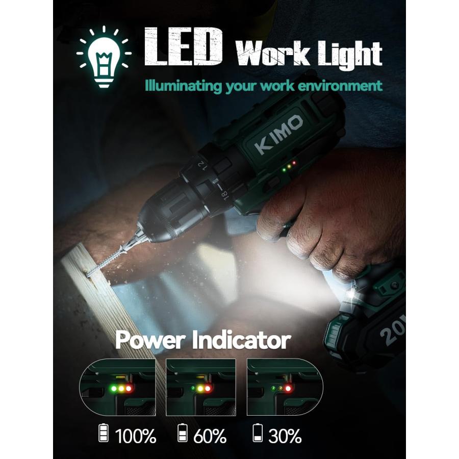 KIMO 20V コードレスドリルセット 2.0Ah バッテリー 2 パック付き、最大 350 インチポンドトルク、1350 RPM、3/8 インチ : ドットサプライ LLC - 通販 ...