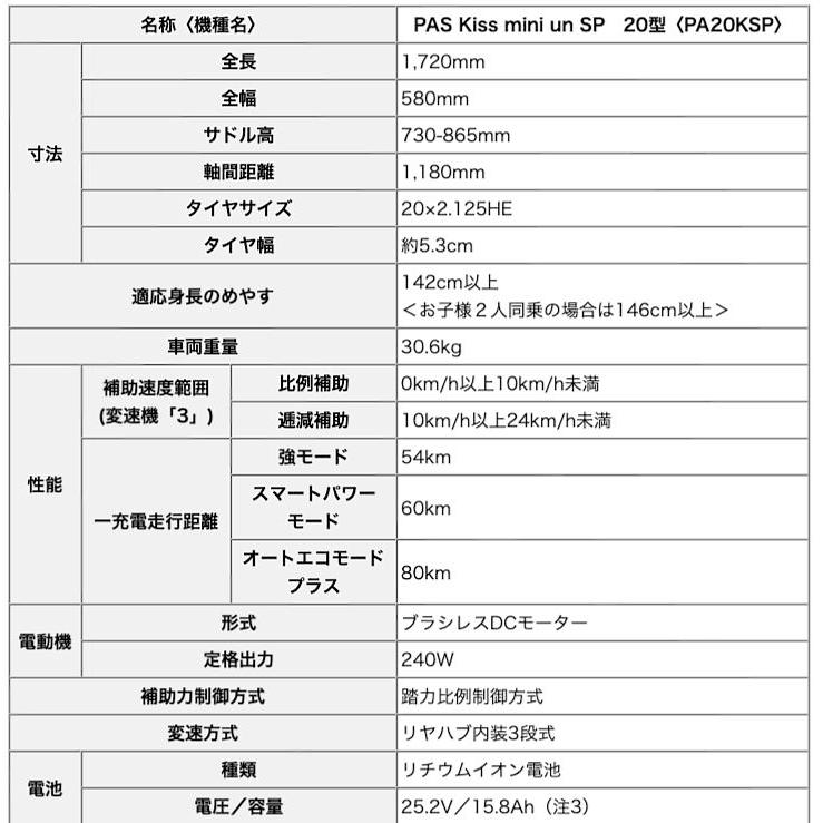 ヤマハ発動機 送料無料※一部地域 パス キッス ミニ アン SP PA20KSP 2024年ヤマハ 20インチ 15.8Ah PAS Kiss mini un 3人乗り電動自転車 防犯登録無料 ...