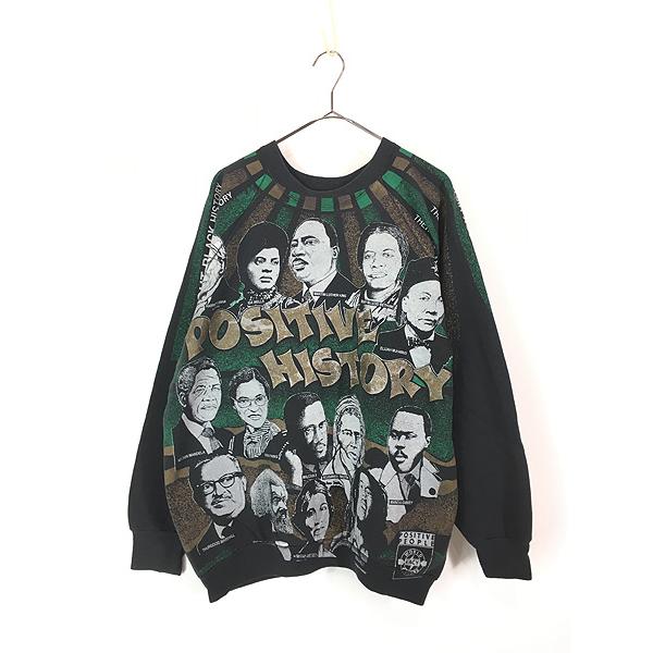 古着 90s USA製 POSITIVE HISTORY 豪華 偉人 オールオーバー ブラック カルチャー スウェット トレーナー XL ...