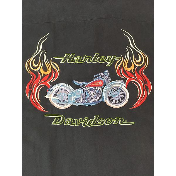 古着 HARLEY DAVIDSON バイク 刺しゅう 半袖 開襟 ブラック シルク