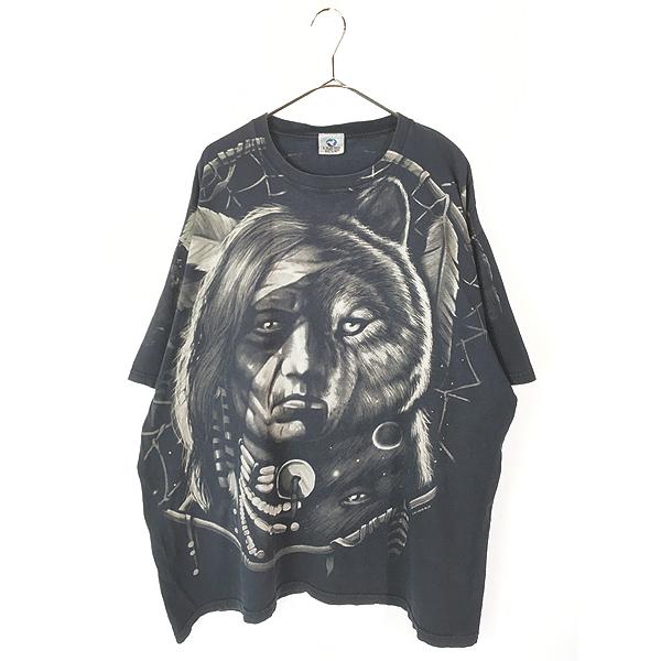 古着 90s LIQUID BLUE インディアン ウルフ イーグル オールオーバー T