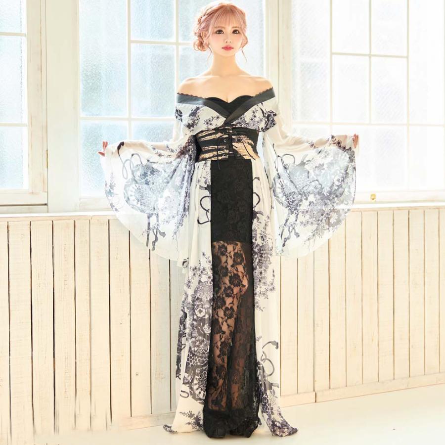 花魁 コスプレ ロング 仮装 和服 着物 ドレス シフォン×和柄コルセット