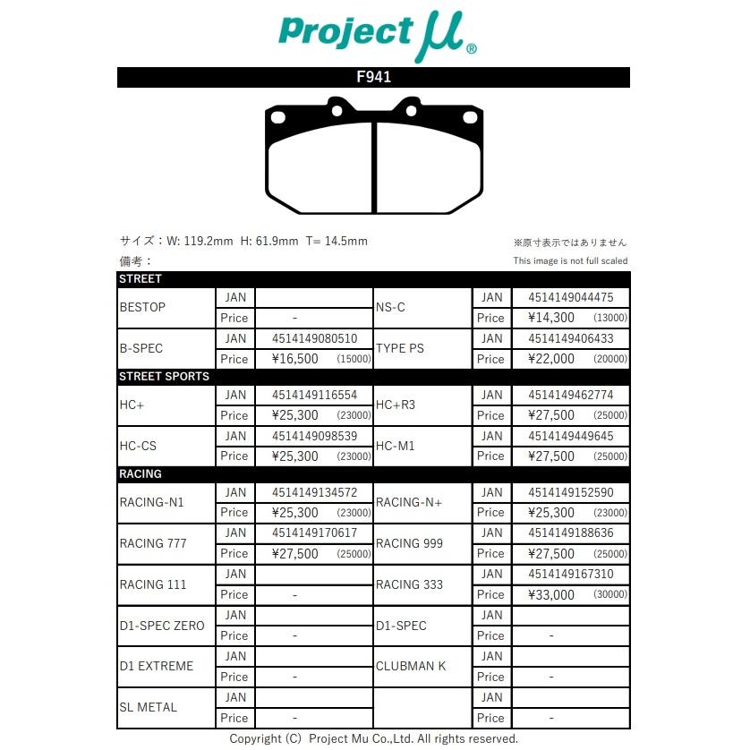 プロジェクトμ プロジェクトミュー ブレーキパッド HC-M1 SUBARU インプレッサGC GC8 住友 対向キャリパー 4POT/2POT フロントF941 : ONLINE PARTS ...