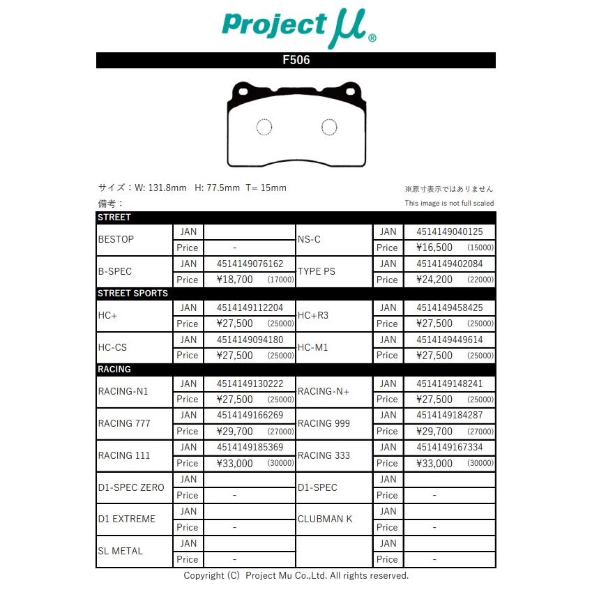 プロジェクトμ プロジェクトミュー ブレーキパッド HC-M1 SUBARU インプレッサGD GD8 Bremboキャリパー 4POT/2POT フロントF506 : ONLINE ...
