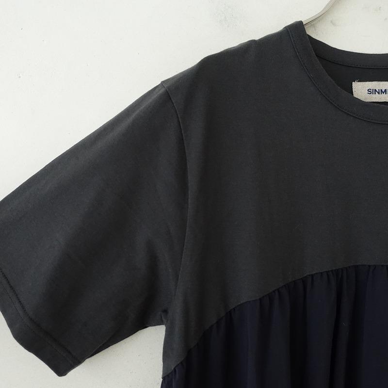 SINME 【定価3.5万】シンメ *Tシャツワンピース*Fコットンカットソー×タフタ墨黒×暗紺切替ギャザー半袖0922(2-2209-114)【52I22】 : ブランド古着買取drop ...