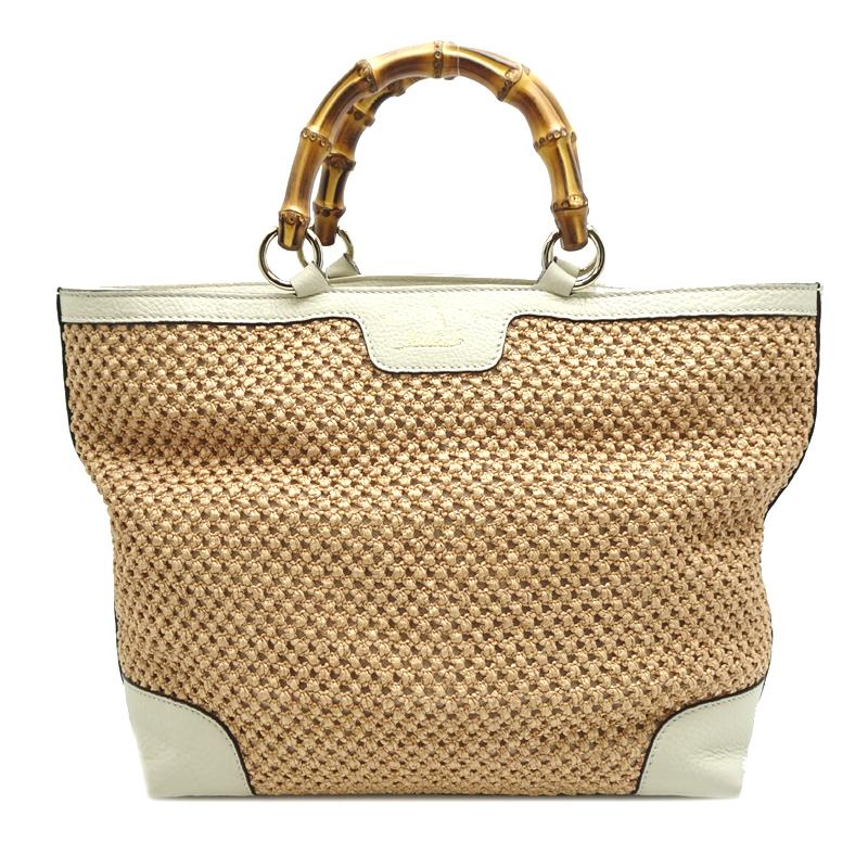 GUCCI [飯能本店]GUCCI グッチ バンブーストローメッシュ 338965 ハンドバッグ ストロー ベージュ レディース ...