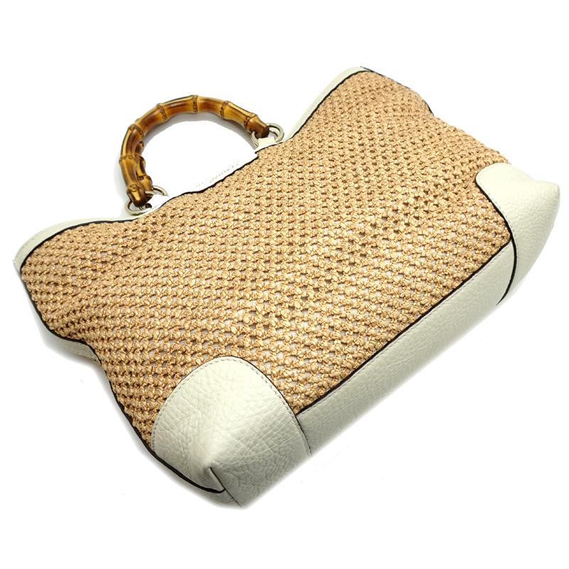 GUCCI [飯能本店]GUCCI グッチ バンブーストローメッシュ 338965 ハンドバッグ ストロー ベージュ レディース ...