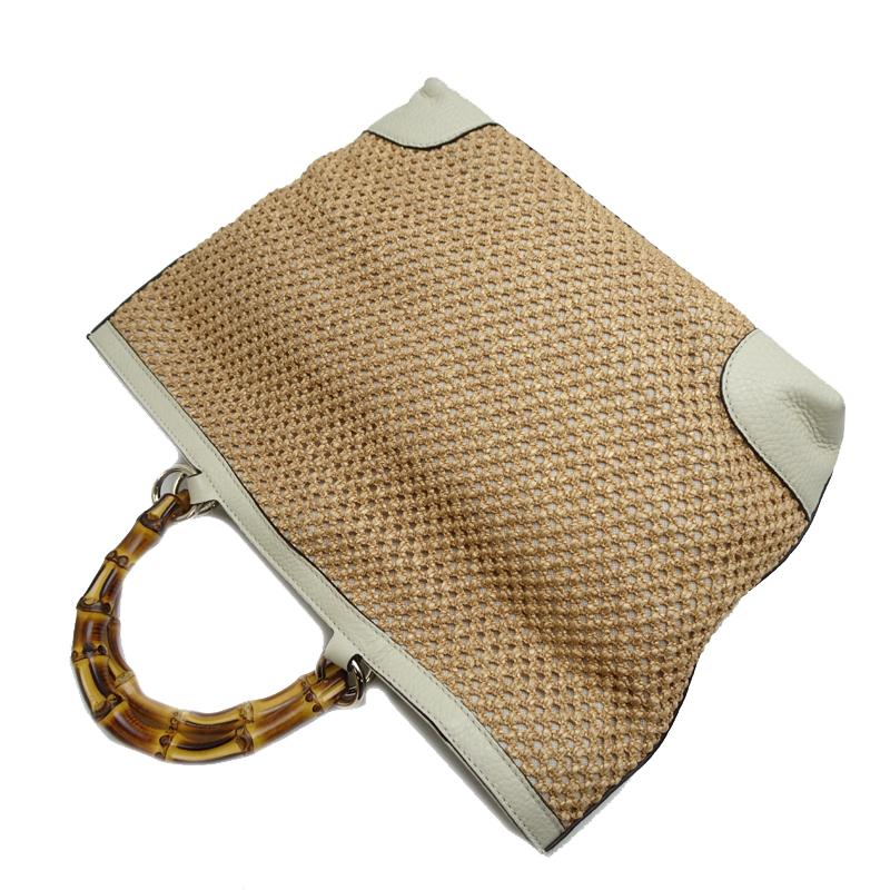 GUCCI [飯能本店]GUCCI グッチ バンブーストローメッシュ 338965 ハンドバッグ ストロー ベージュ レディース ...