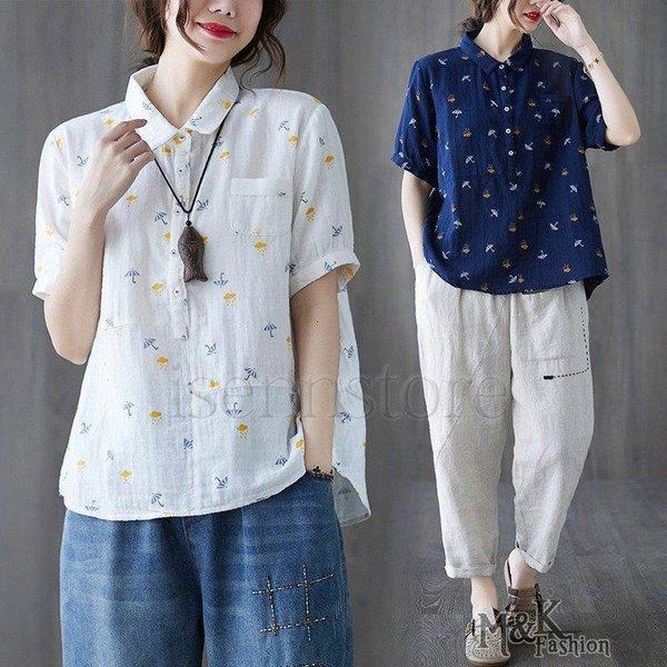 シャツ ブラウス 総柄 綿麻素材 半袖 スキッパーシャツ レディース トップス プルオーバー チュニック リネンシャツ 薄手 おしゃれ 30代 ...