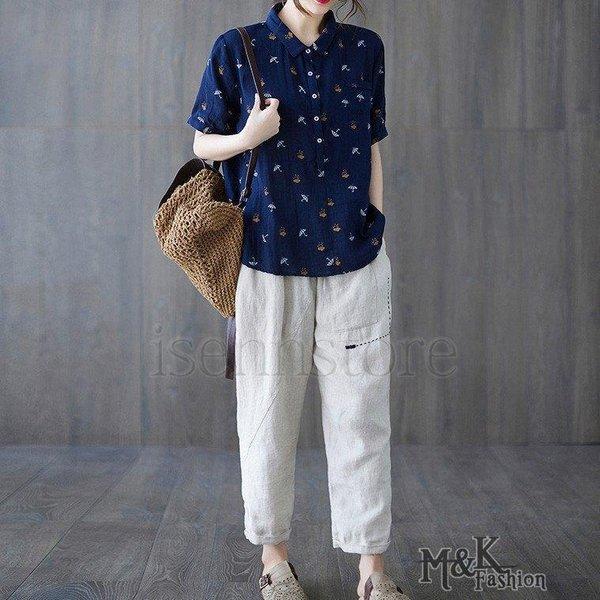 シャツ ブラウス 総柄 綿麻素材 半袖 スキッパーシャツ レディース トップス プルオーバー チュニック リネンシャツ 薄手 おしゃれ 30代 ...
