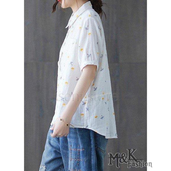 シャツ ブラウス 総柄 綿麻素材 半袖 スキッパーシャツ レディース トップス プルオーバー チュニック リネンシャツ 薄手 おしゃれ 30代 ...