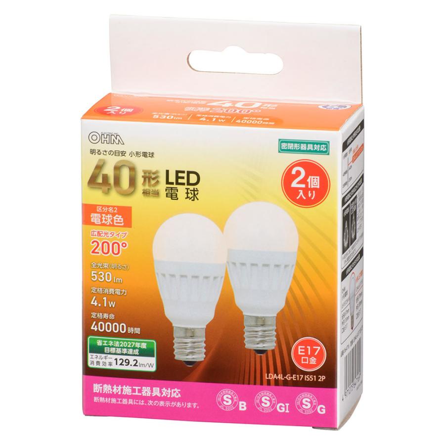 オーム電機 LDA4L-G-E17 IS51 2P LED電球 小形 E17 40形相当 電球色 2個入 [品番]06-4716 : いーでんネット ヤフー店 - 通販 - Yahoo!ショッピング