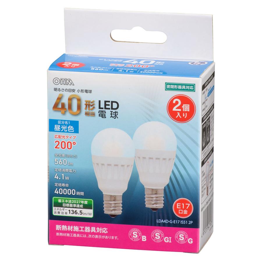 オーム電機 LDA4D-G-E17 IS51 2P LED電球 小形 E17 40形相当 昼光色 2個入 [品番]06-4718 : いーでんネット ヤフー店 - 通販 - Yahoo!ショッピング