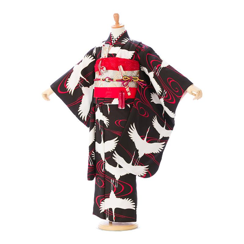 115〜125cm|レトロ鶴|七五三着物レンタルフルセット(ブラック系)|女の子(七歳) E-7-170 :HAP7170:e-きものレンタル Yahoo!店 - 通販 - Yahoo!ショッピング