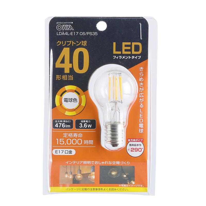 OHM LED電球 フィラメント クリプトン球 E17 40形相当 電球色｜LDA4L-E17 C6/PS35 06-3882 : e-プライス - 通販 - Yahoo!ショッピング