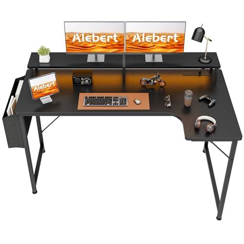 Alebert l字デスク 机 パソコンデスク「メーカー一年保証」 幅140cm LEDライト コンセントやUSBポートあり 収納袋・モニター台付き pcデスク ゲーミングデスク : wss ...