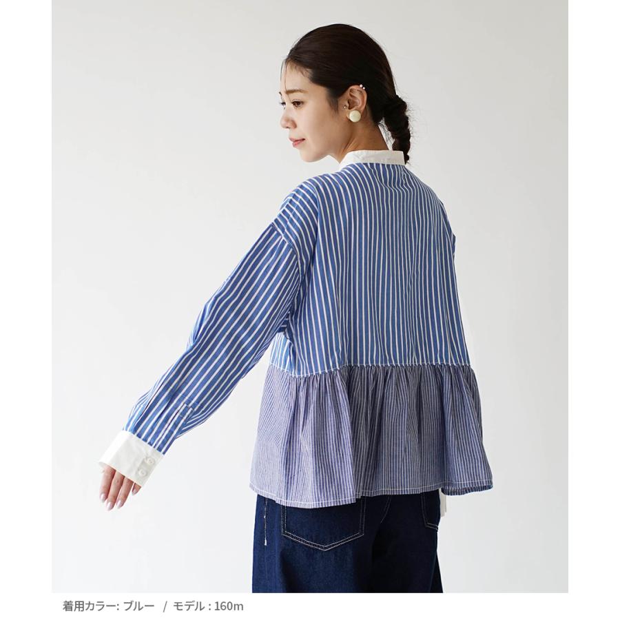 zootie P10%還元 シャツ ブラウス レディース 春 トップス バンドカラー 羽織り 長袖 綿100％ 切り替えストライプ バックギャザークレリックシャツ : イーザッカマニア ...