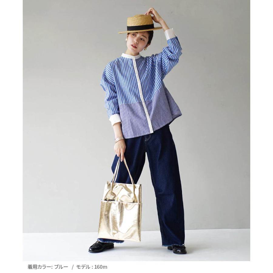 zootie P10%還元 シャツ ブラウス レディース 春 トップス バンドカラー 羽織り 長袖 綿100％ 切り替えストライプ バックギャザークレリックシャツ : イーザッカマニア ...