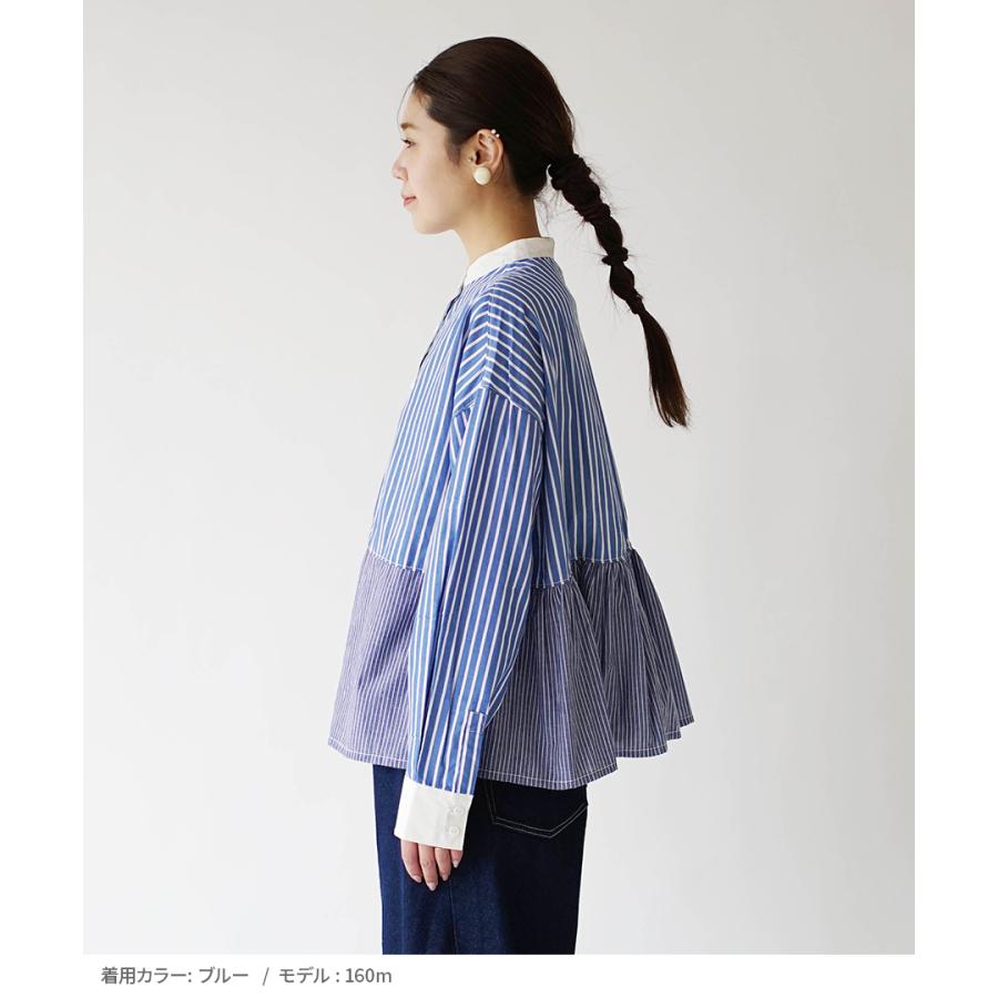 zootie P10%還元 シャツ ブラウス レディース 春 トップス バンドカラー 羽織り 長袖 綿100％ 切り替えストライプ バックギャザークレリックシャツ : イーザッカマニア ...