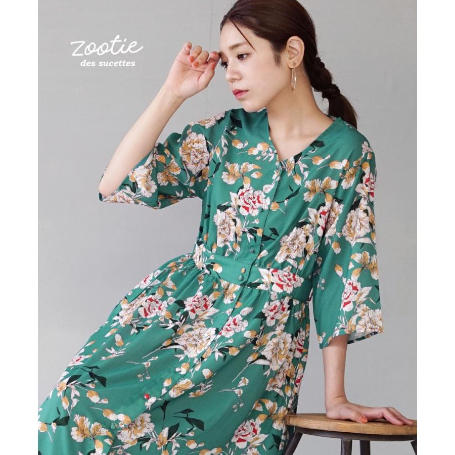 zootie シャツワンピース レディース ワンピ ロング 羽織り 半袖 五分袖 Vネック 花柄 ゆったり 上品 ズーティー フラワープリント Vネックワンピース : イーザッカマニア ...