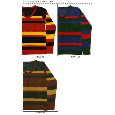 ジョンブル JOHNBULL レディース 鉤編みボーダーVネックニット Johnbull（ジョンブル） レディース 鉤編みボーダーVネックニット