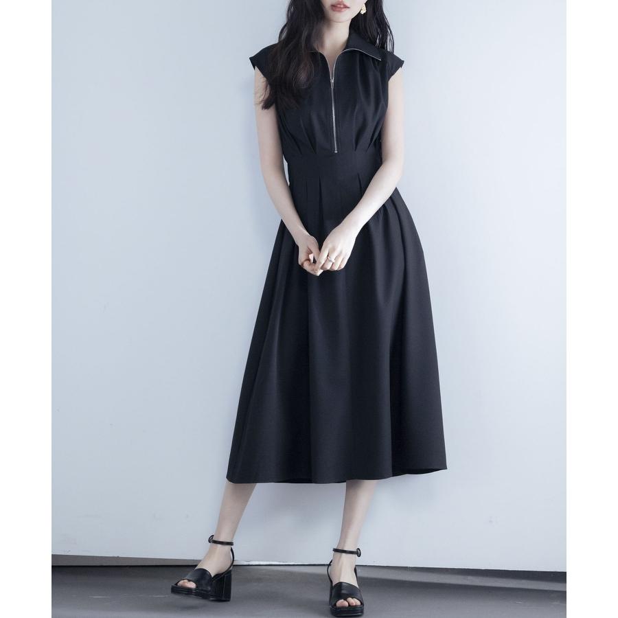 ワンピース レディース ミモレ丈 ジップ付き シャツ襟 ウエストマーク
