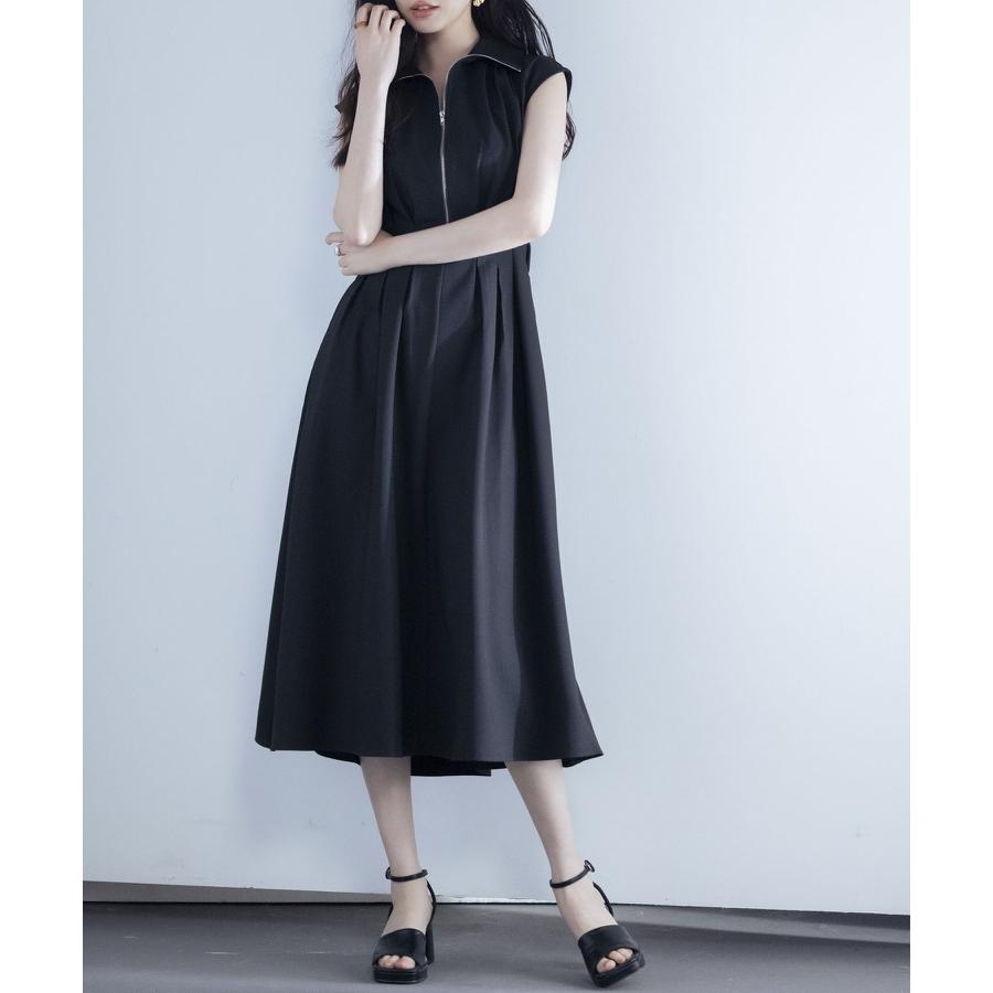 ワンピース レディース ミモレ丈 ジップ付き シャツ襟 ウエストマーク