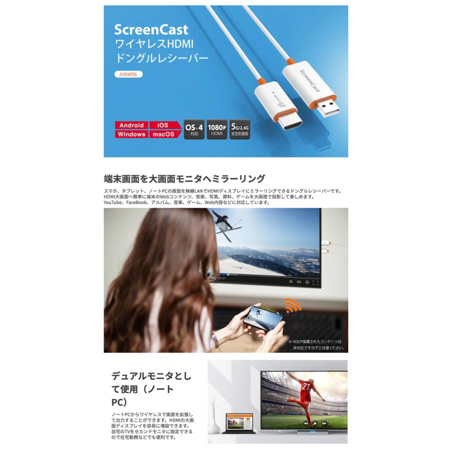 j5 create ジェイファイブクリエイト ScreenCast ワイヤレス USB A to HDMIミラーリング ドングルレシーバー ...
