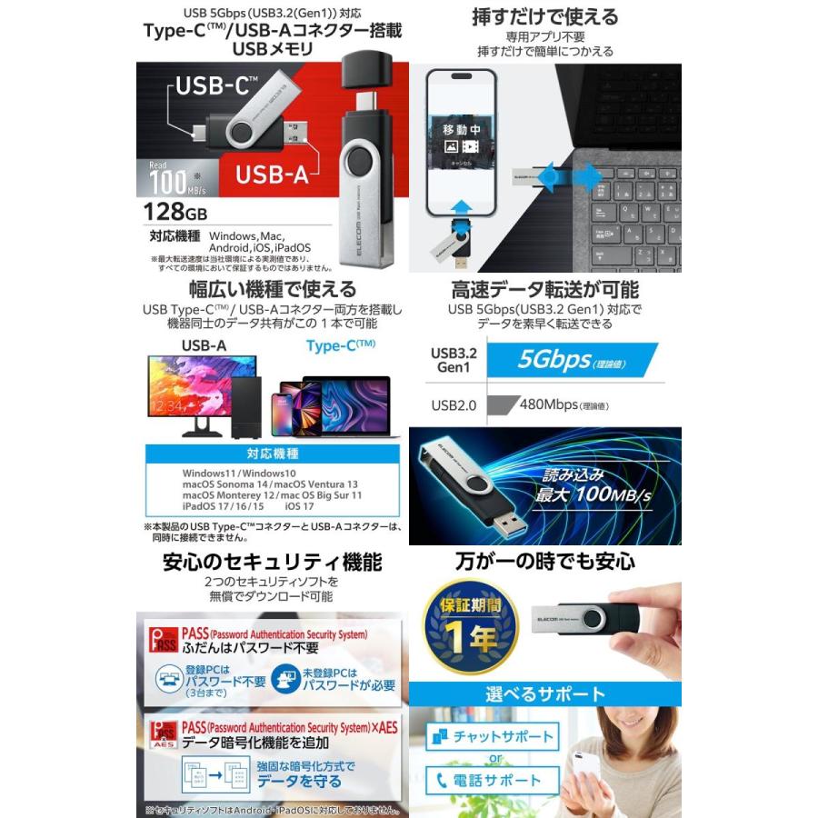 エレコム ELECOM 128GB USBメモリ USB3.2Gen1 Type-C Type-Aコネクタ付 キャップ式 ブラック MF-TPC3128GBK ネコポス送料無料 :526608 ...